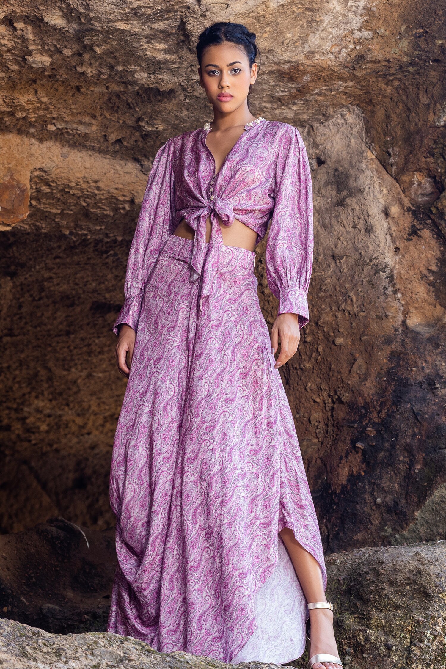 Buy Pink Pure Muslin Hand Embroidered Knotted Shirt And Draped Skirt ...
