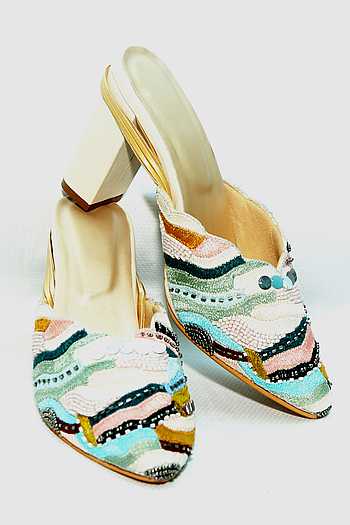 Buy Cream Embroidery Adrian Thread Block Heels by Foot Fuel Online at ...