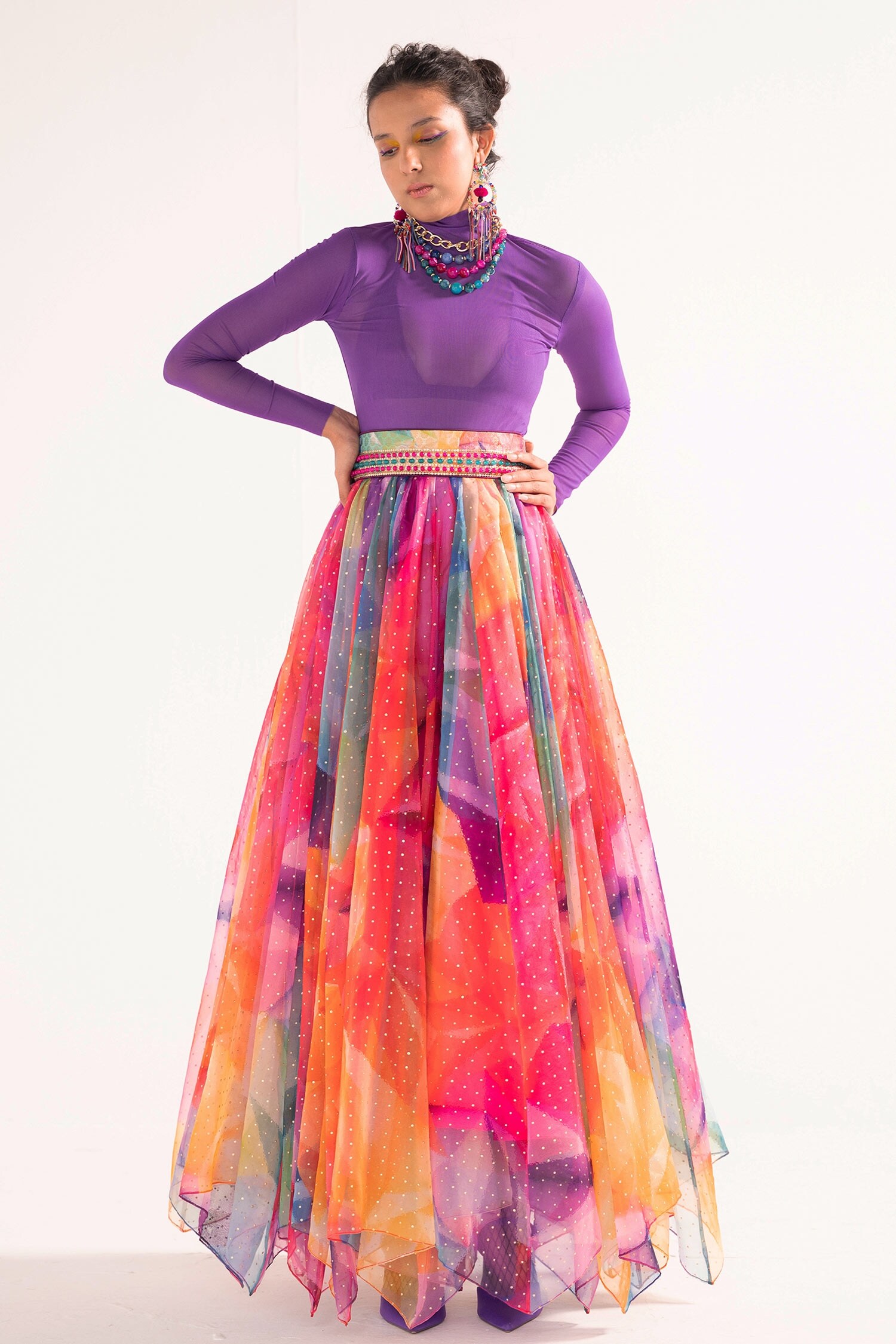 Buy Multi Color Organza Printed Kaleidoscope Skirt High Neck Top Set ...