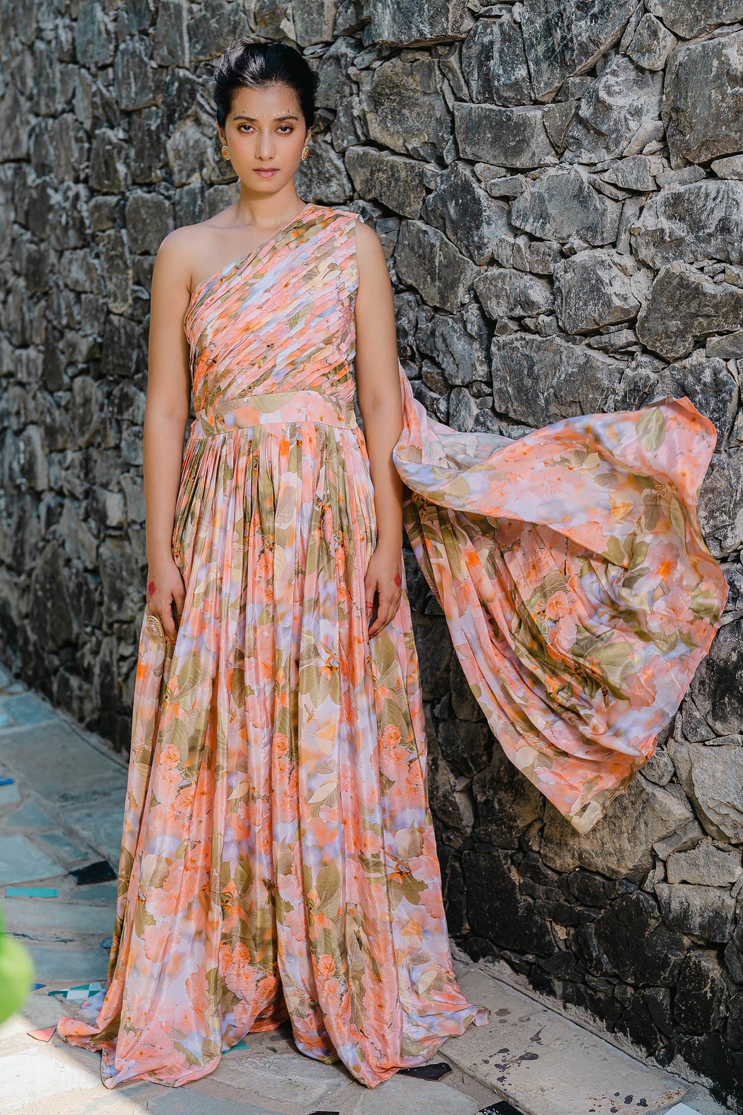 Buy Redpine Designs Peach Viscose Crepe Water Splash Floral Print ...