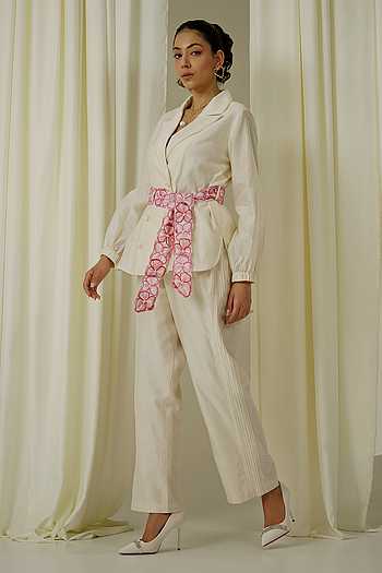 Buy Ivory Chanderi Embroidered Thread Lapel Double Breasted Blazer Set ...