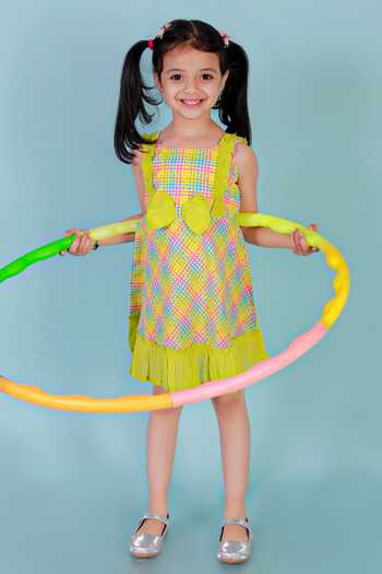 Buy Lil Drama Green Cotton Checkered Print Dress For Girls Online | Aza ...