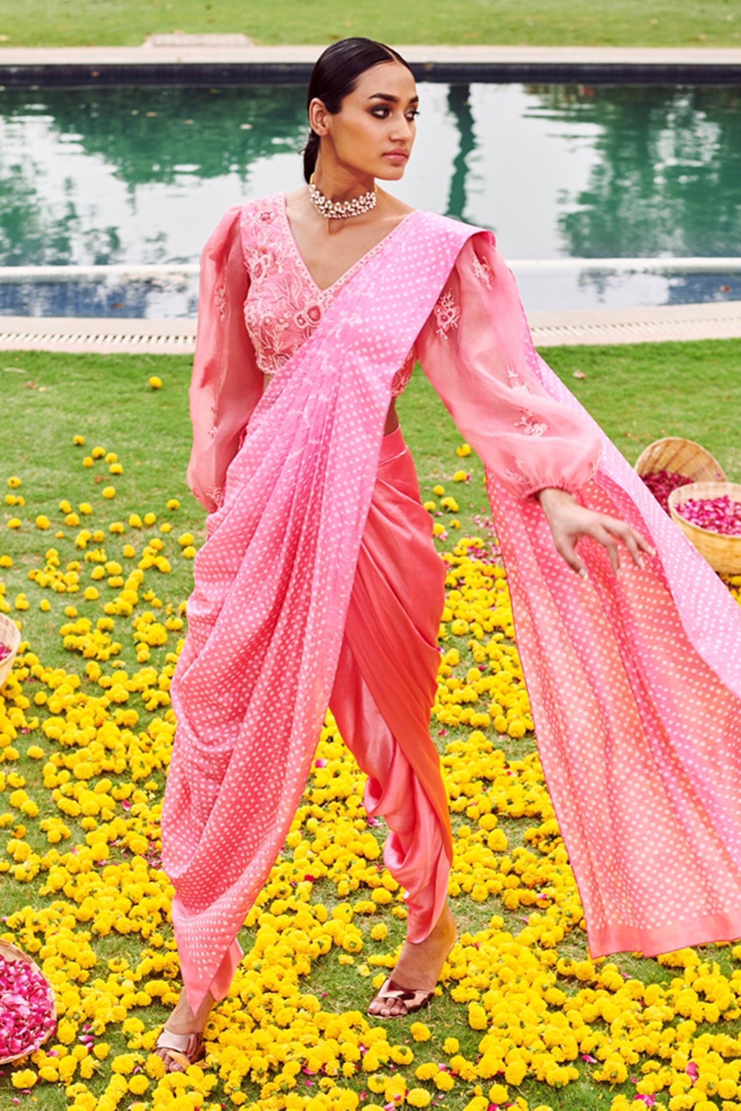 Buy Pink Satin Georgette Bandhani Dhoti Pant Saree With Blouse For ...