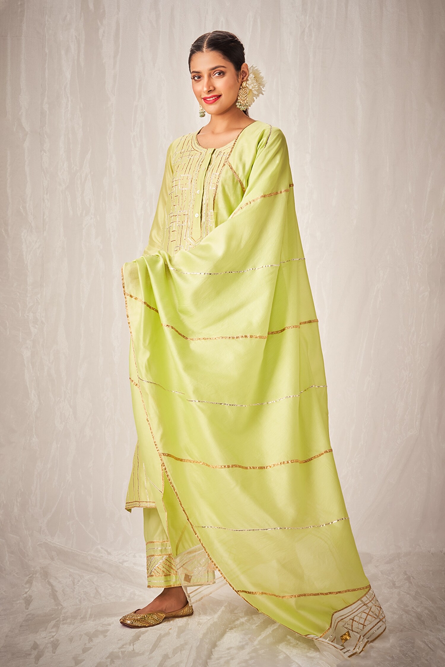 Buy Gulabo by Abu Sandeep Green Pure Chanderi Silk Gota Work Dupatta ...