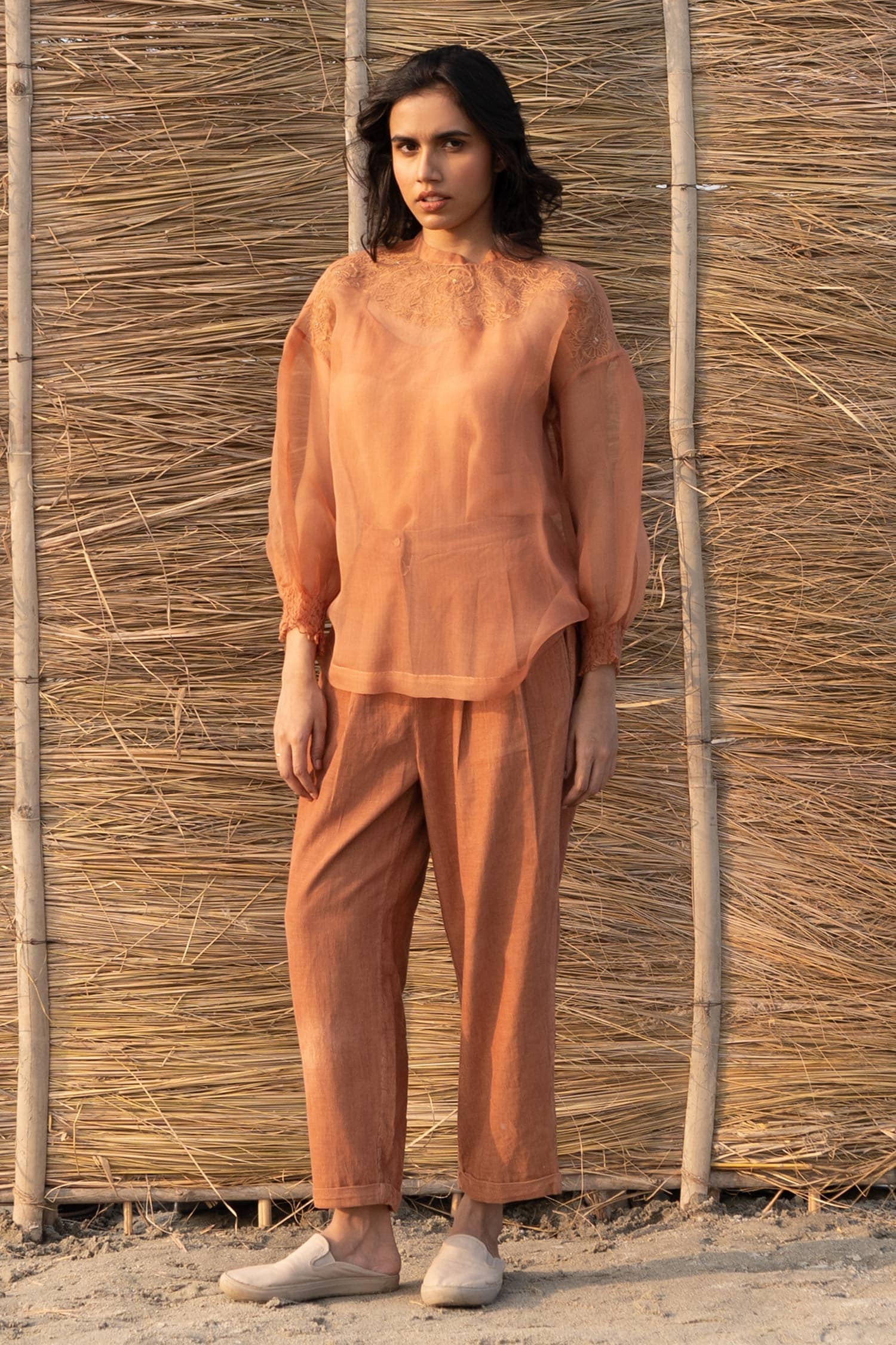 Buy Brown Silk Organza Embroidered Floral Round Sheer Top For Women by ...