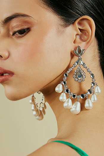 Buy Silver Plated Japanese Cotton Ball Pearl Elongated Crystal Jhoomer ...