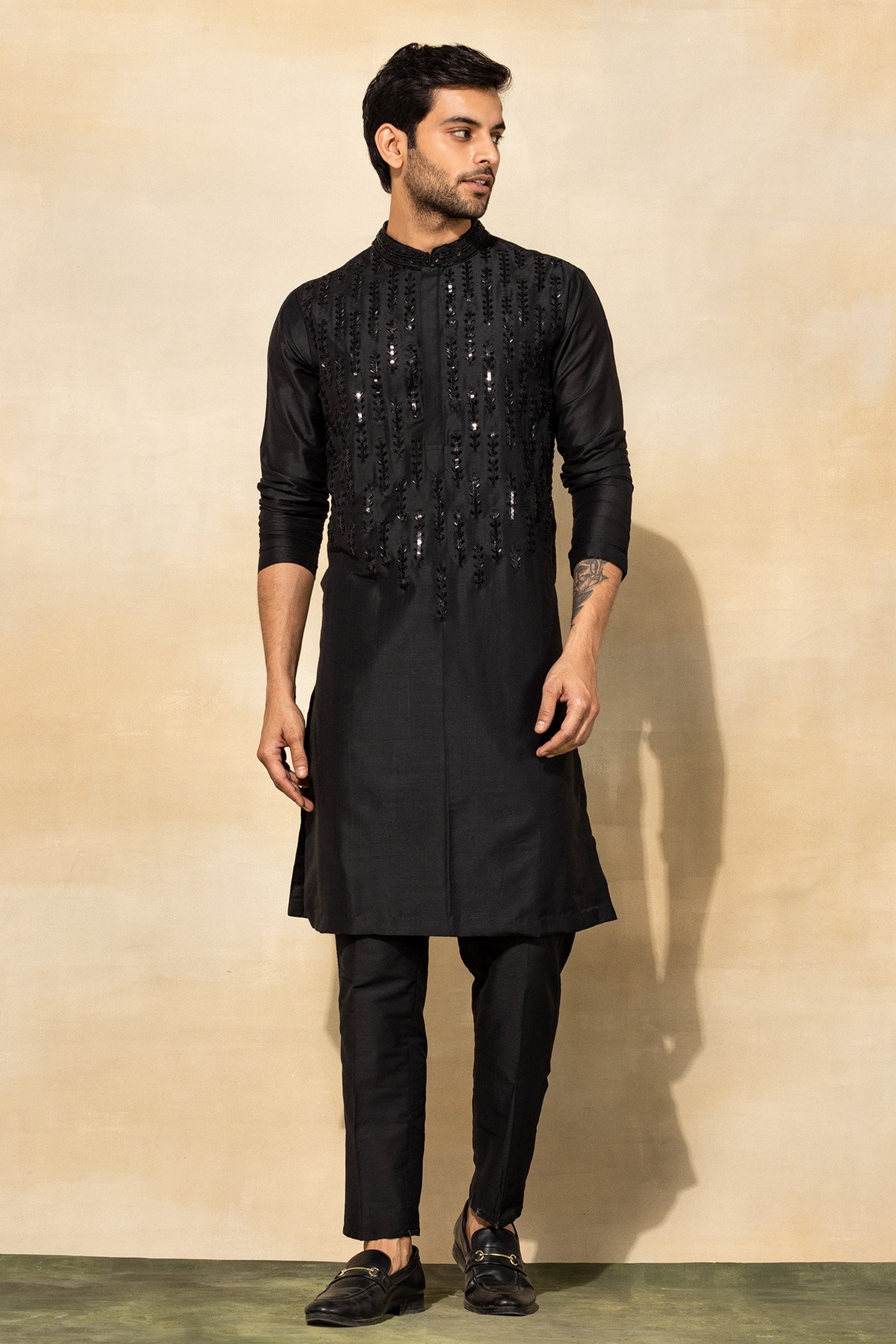Buy Black Cotton Embroidery Cutdana Leaf Pattern Kurta Set For Men by ...