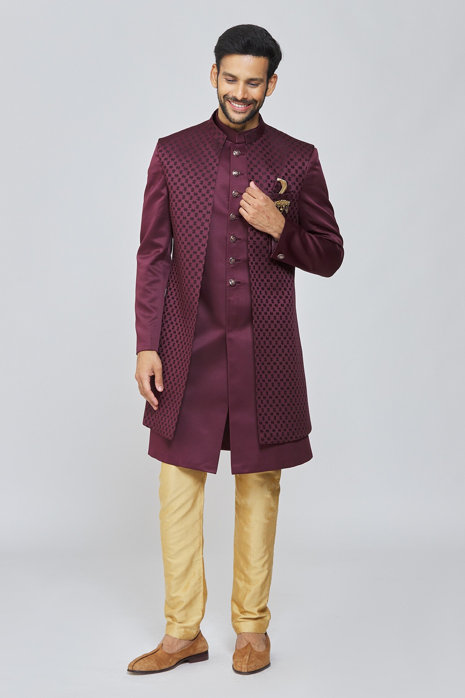 Buy Wine Sherwani: Imported Silk Geometric Pattern Jacket And Plain Set ...