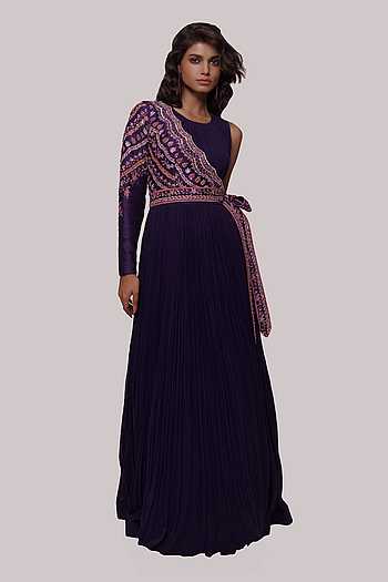 Buy Purple Georgette Embroidery Thread Round Asymmetric Yoke Gown For ...