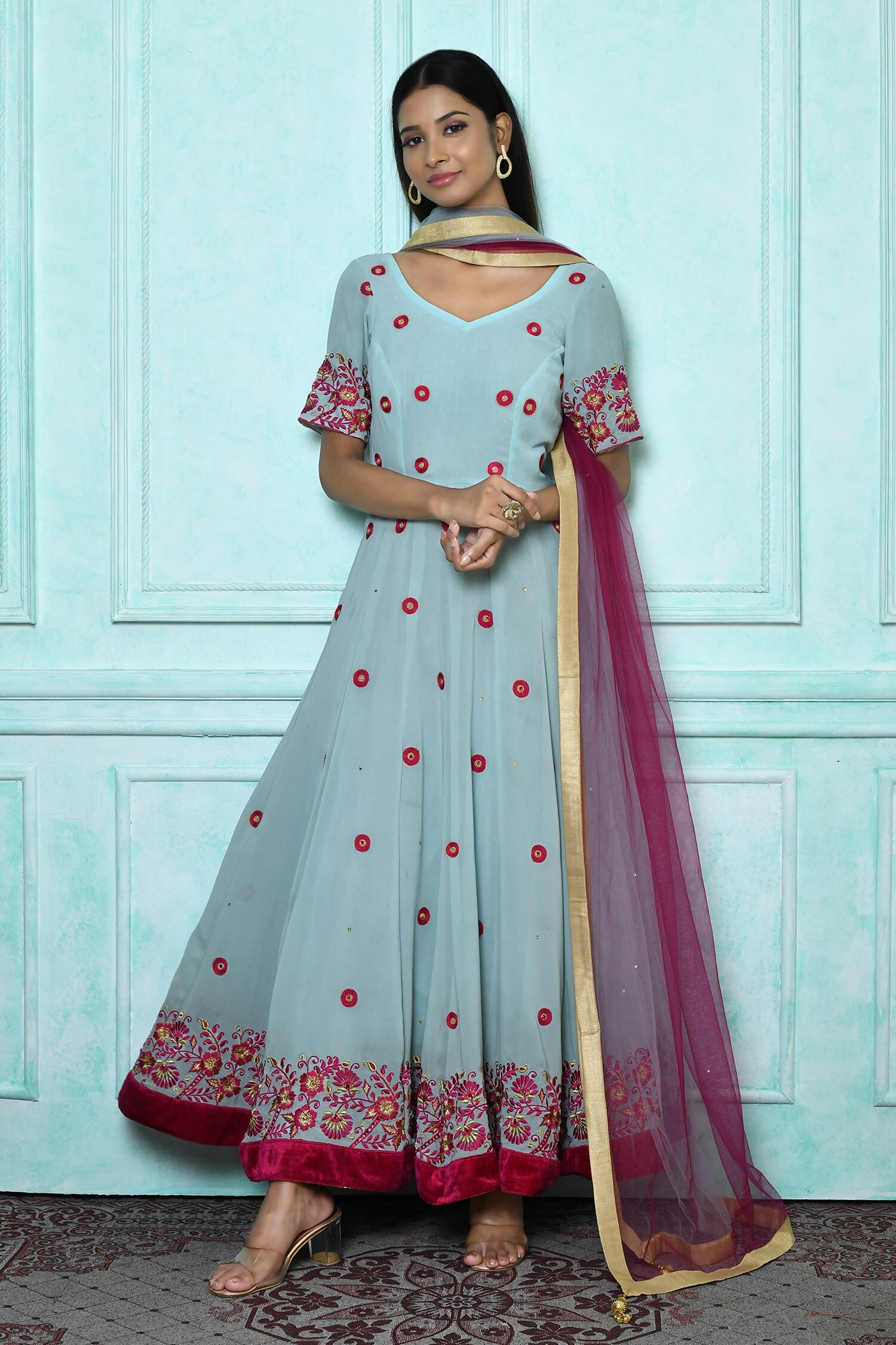 Buy Green Anarkali: Georgette Embroidered Resham V Neck Velvet Border ...