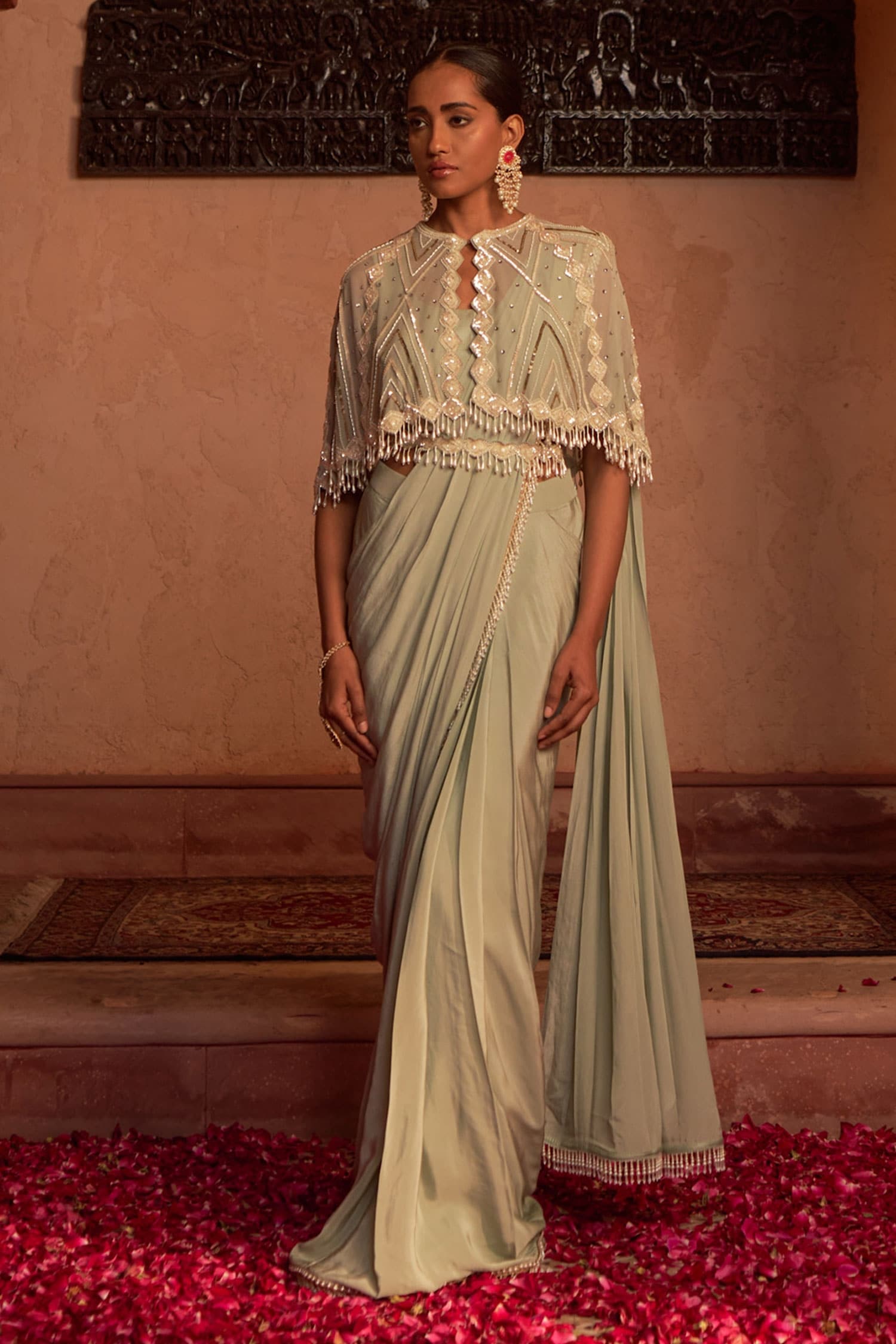 Buy Green Silk Embroidery Sequins Round Bahu Mela Cape Pre-draped Saree ...