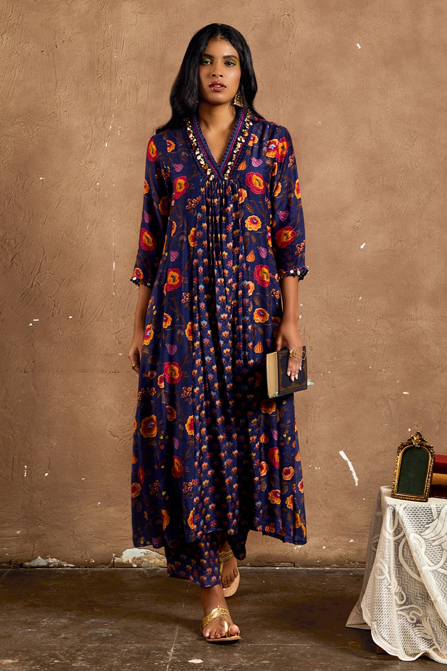 Buy Blue Cotton Silk Printed Floral High Neck V Tunic And Pant Set For ...