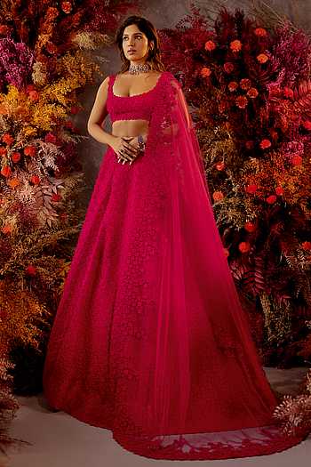 Buy Pink Raw Silk Embroidered 3d Flowers Sheer Mudra Bridal Lehenga Set ...