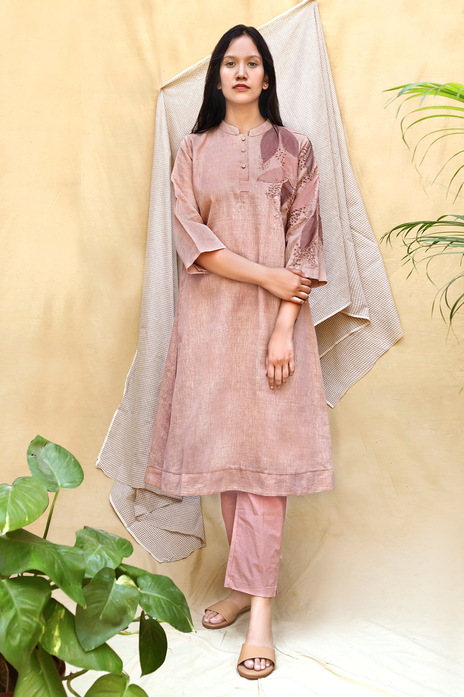 Buy Pink Chanderi Embroidered Applique Mandarin Collar Tunic Set For ...