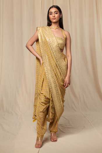 Buy Beige Wallflower Print Dhoti Pre-stitched Saree With Blouse For ...