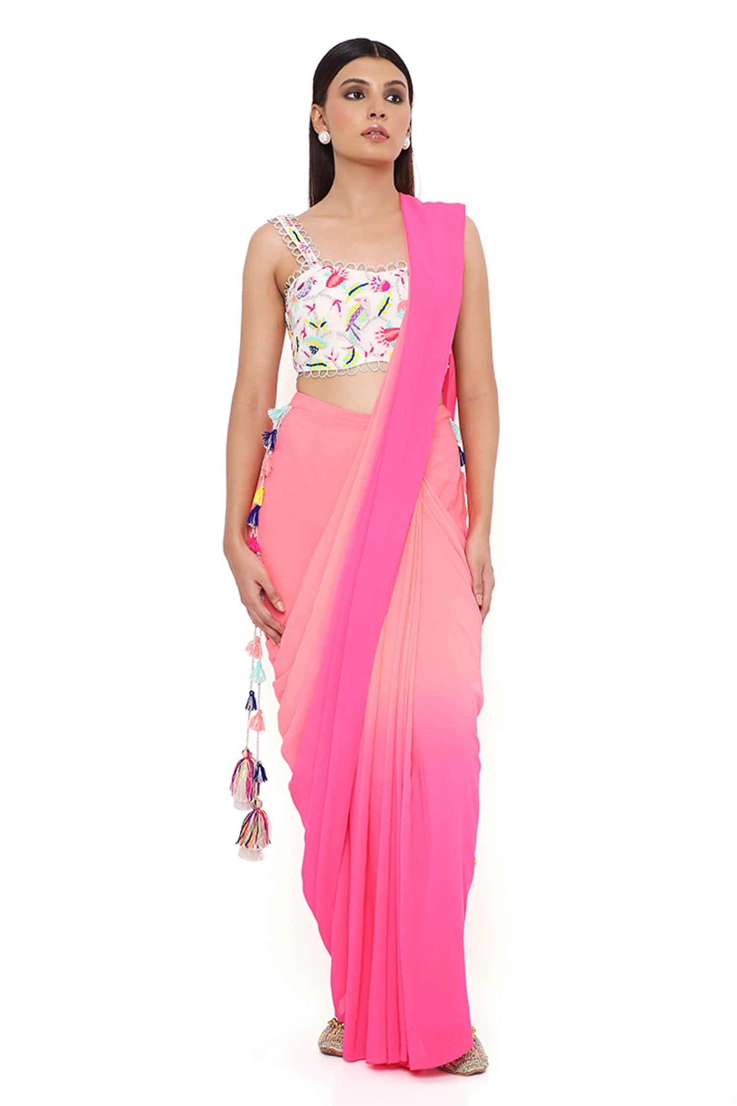 Buy Payal Singhal Coral Georgette Shaded Pre-draped Saree With Bustier ...