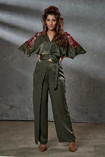 Buy Green Silk Suede Hand Embroidered Aari V Neck Crop Top And Pant Set ...