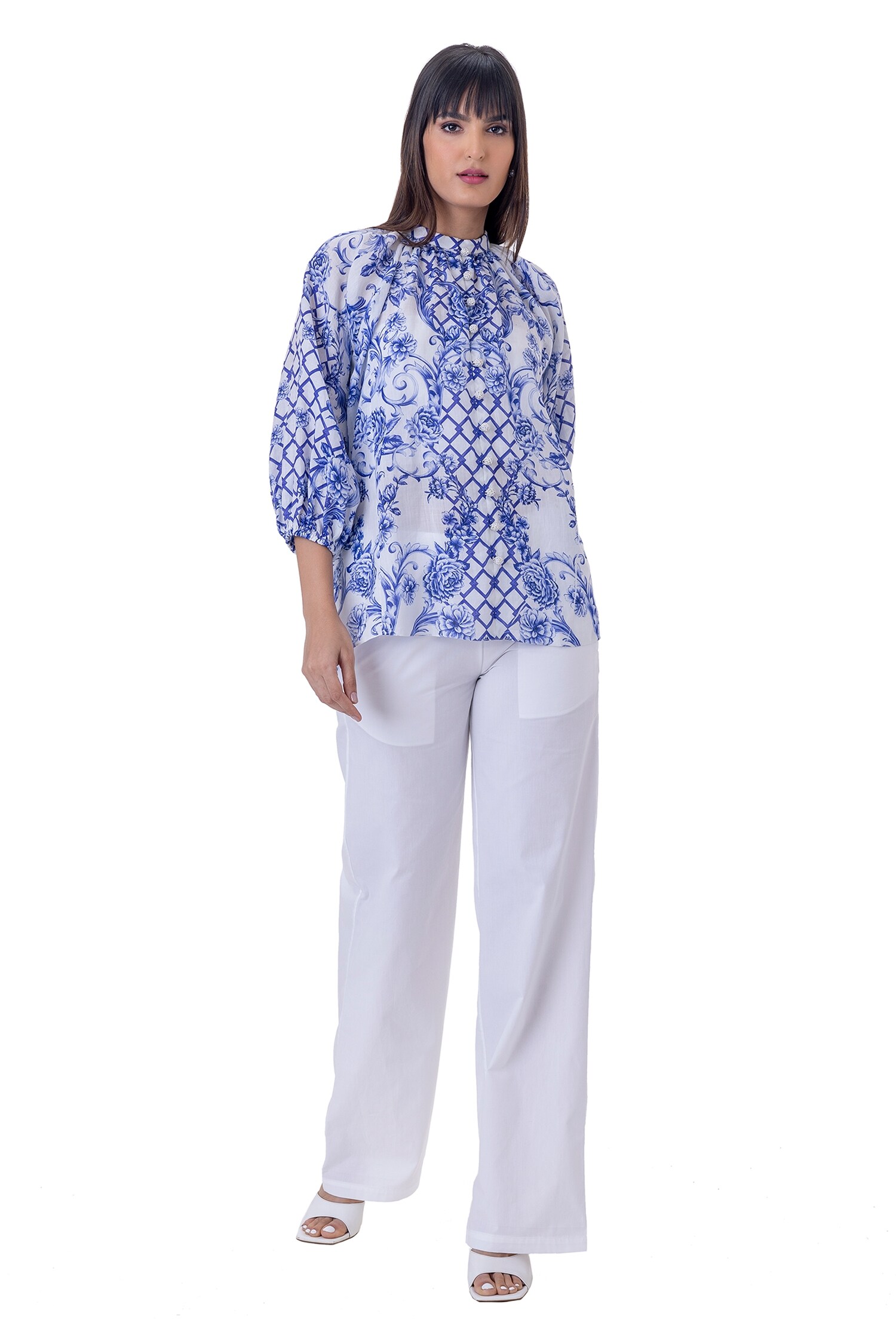 Buy Gaya White Viole Linen Baroque Print Top Online | Aza Fashions