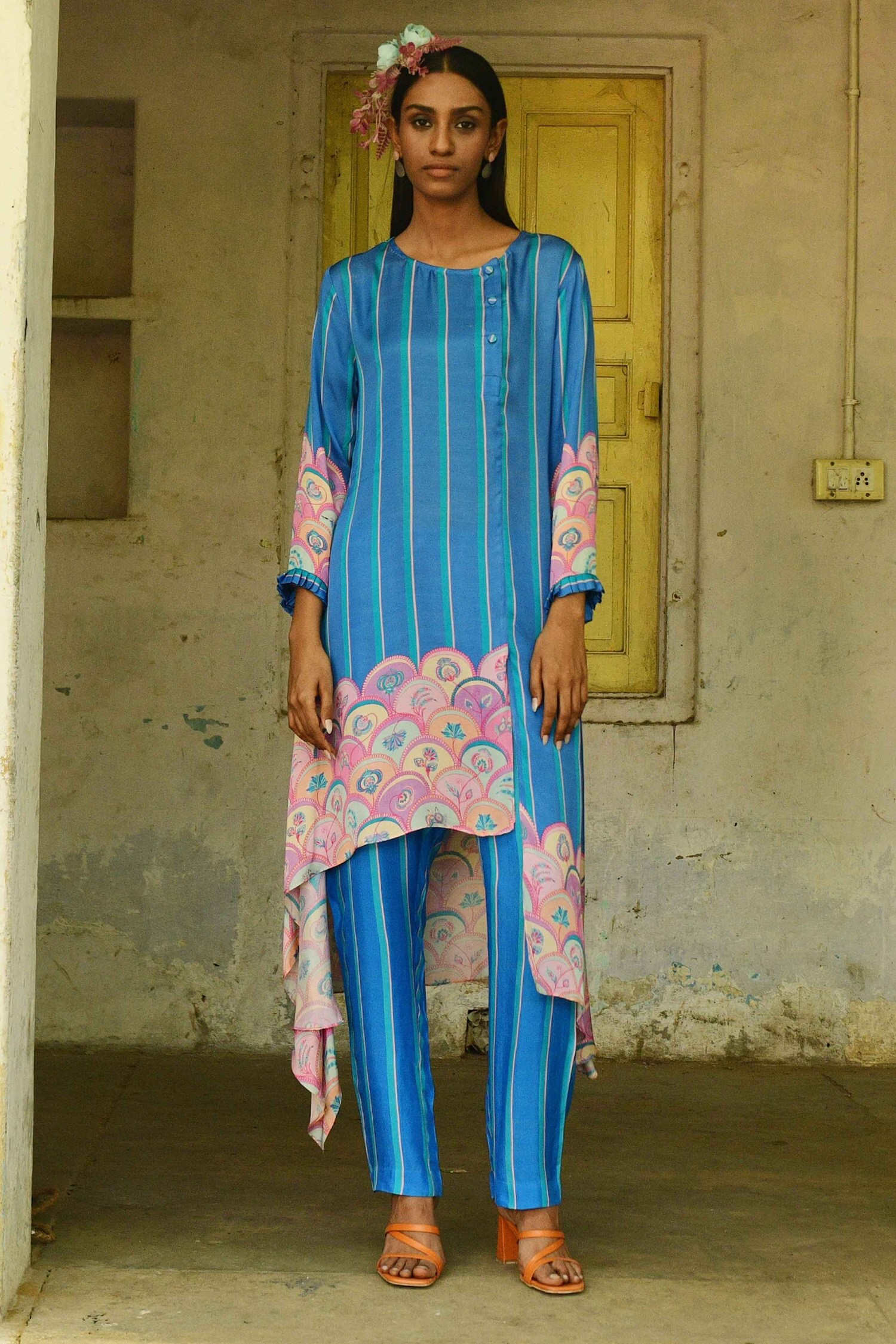 Buy Blue Silk Striped Pattern Champa Pant For Women by Swati ...