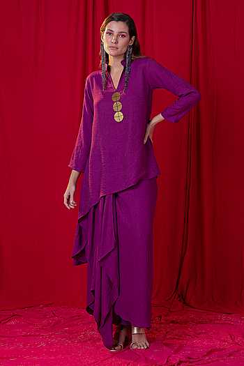 Buy Purple Handloom Cotton Embellishment Asymmetric Tunic And Skirt Set ...