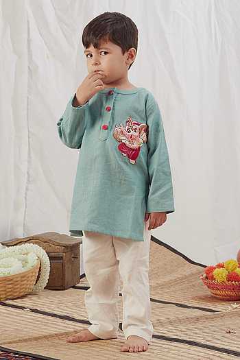 Buy Blue Handloom Cotton Embroidery Ganpati Mandarin Collar Kurta Set ...