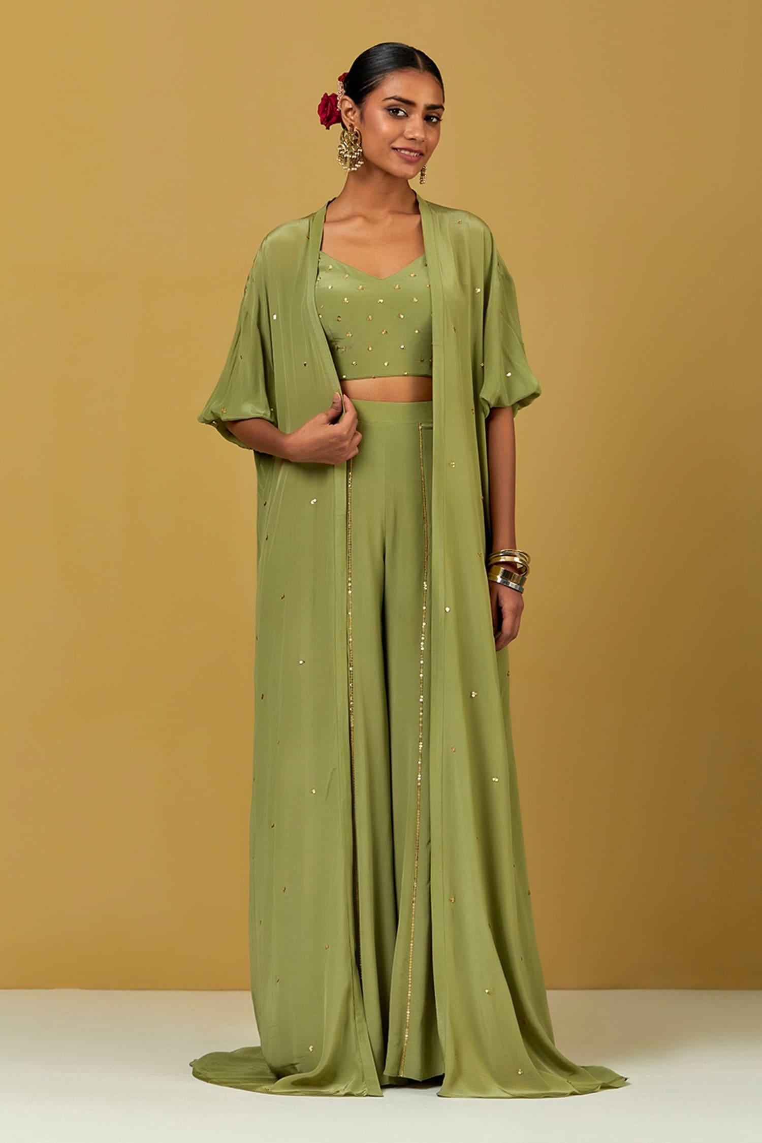 Buy Ikshita Choudhary Green Crepe Sequin Work Cape And Palazzo Set ...