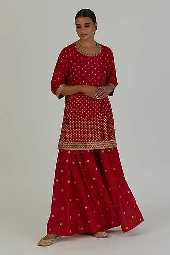 Buy Red Silk Embroidered Floral Motifs Round Mariyam Kurta And Sharara ...
