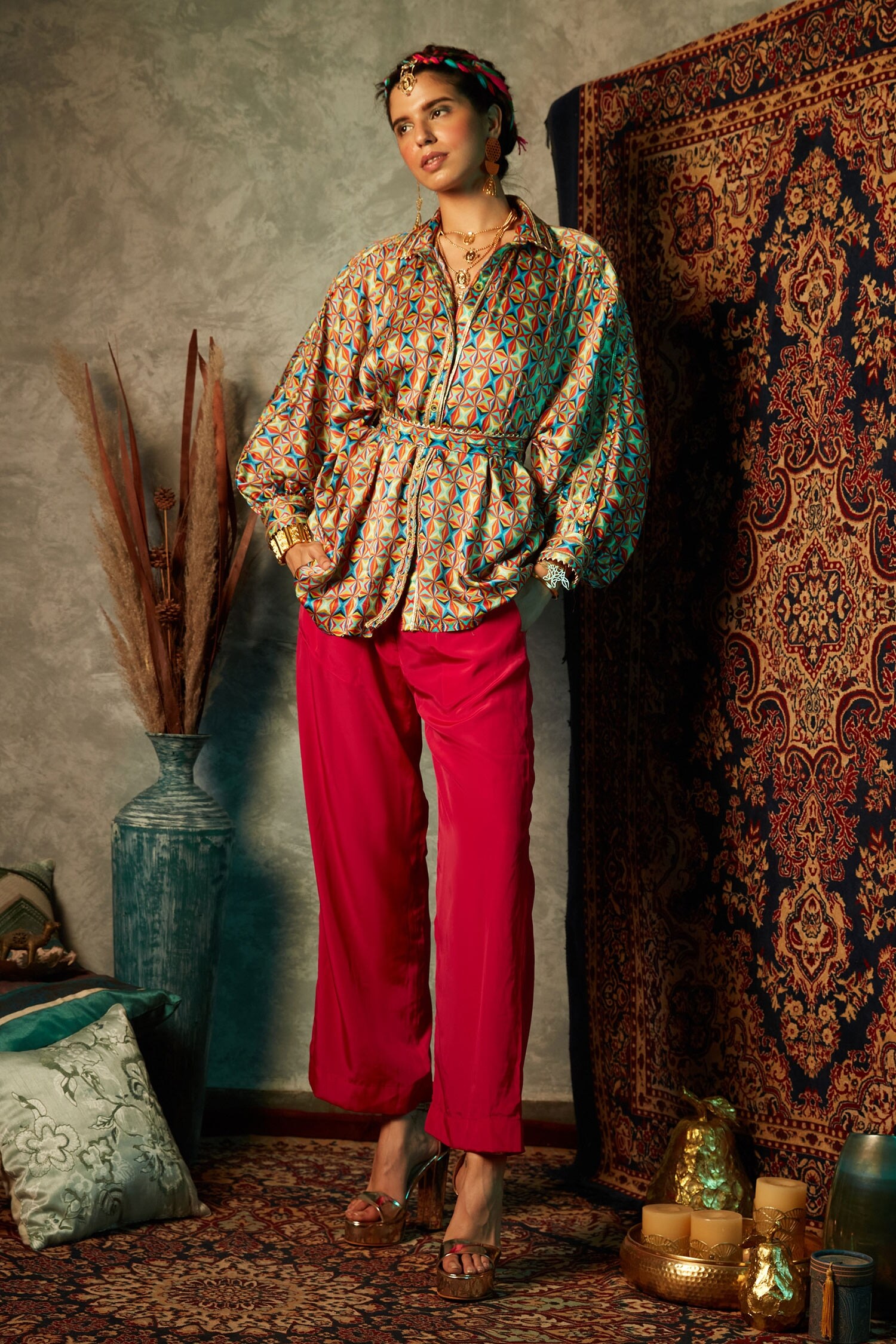 Buy Multi Color Modal Satin Printed Geometric Shirt Collar Oversized ...