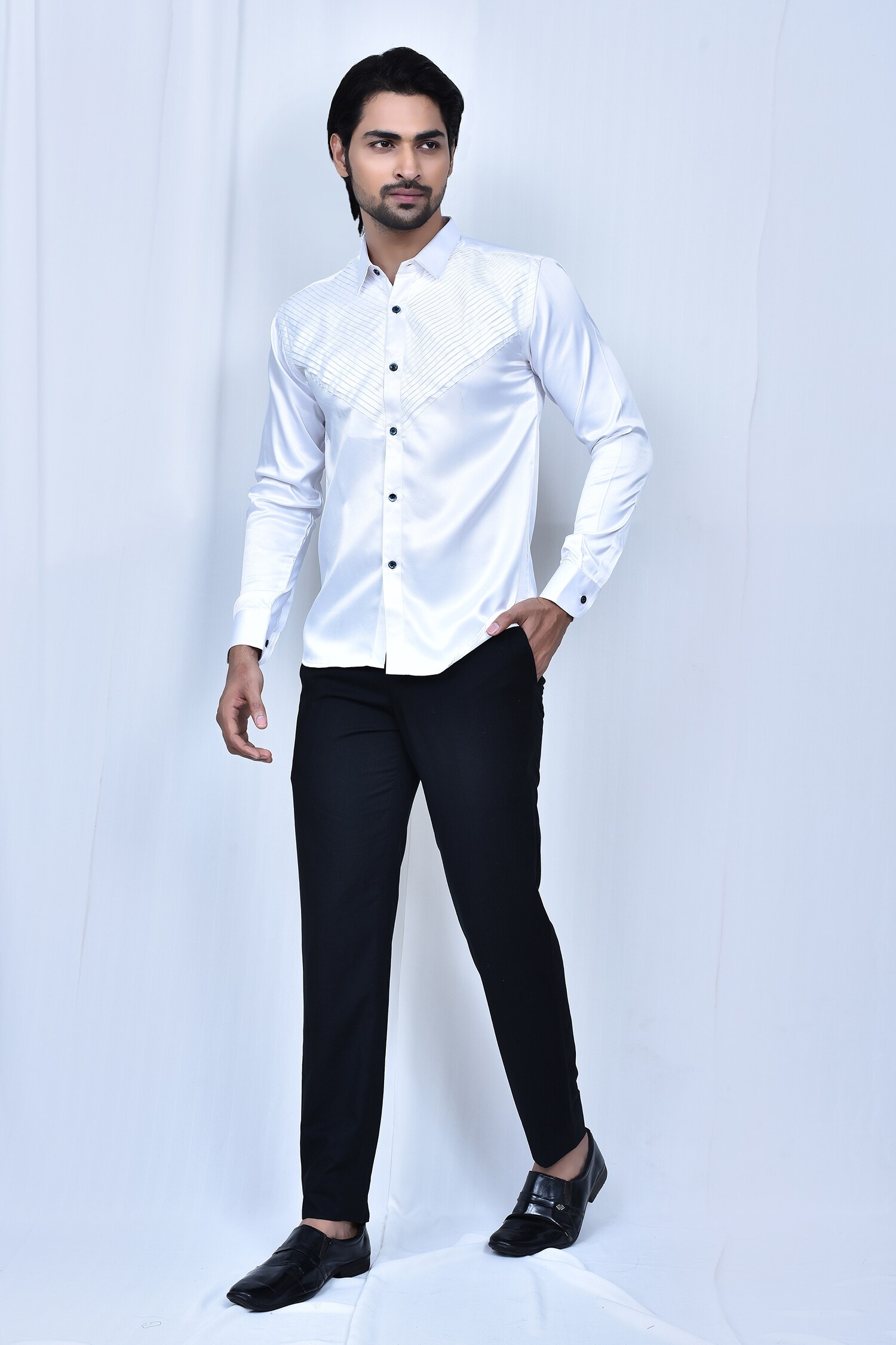 Buy White Satin Silk Plain Pleated Bodice Shirt For Men by Nazaakat by ...