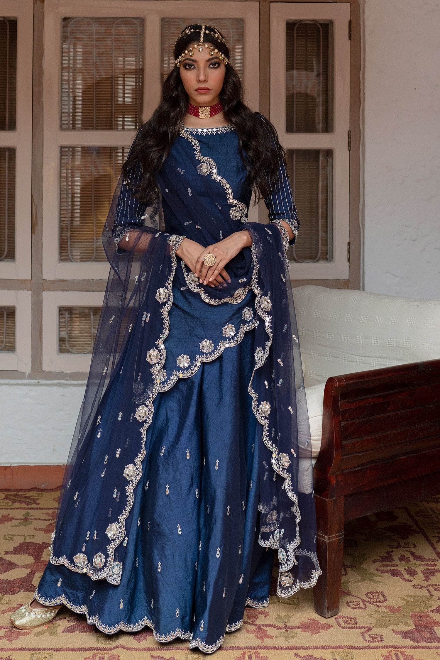 Buy Blue Dupion Silk Embroidered Mirror Boat Neck Sharara Set For Women ...