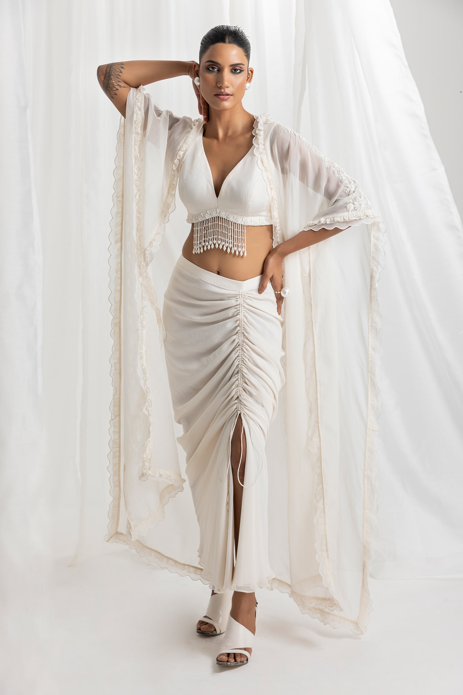 Buy Seema Thukral Ivory Cami Top Ruffle Cape With Embellished Cowl ...