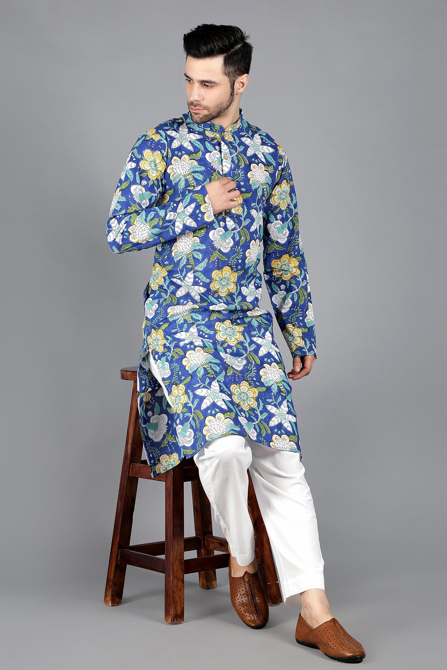 Buy Blue Cotton Block Print Floral Achernar Kurta For Men by Kalp Online at Aza Fashions.