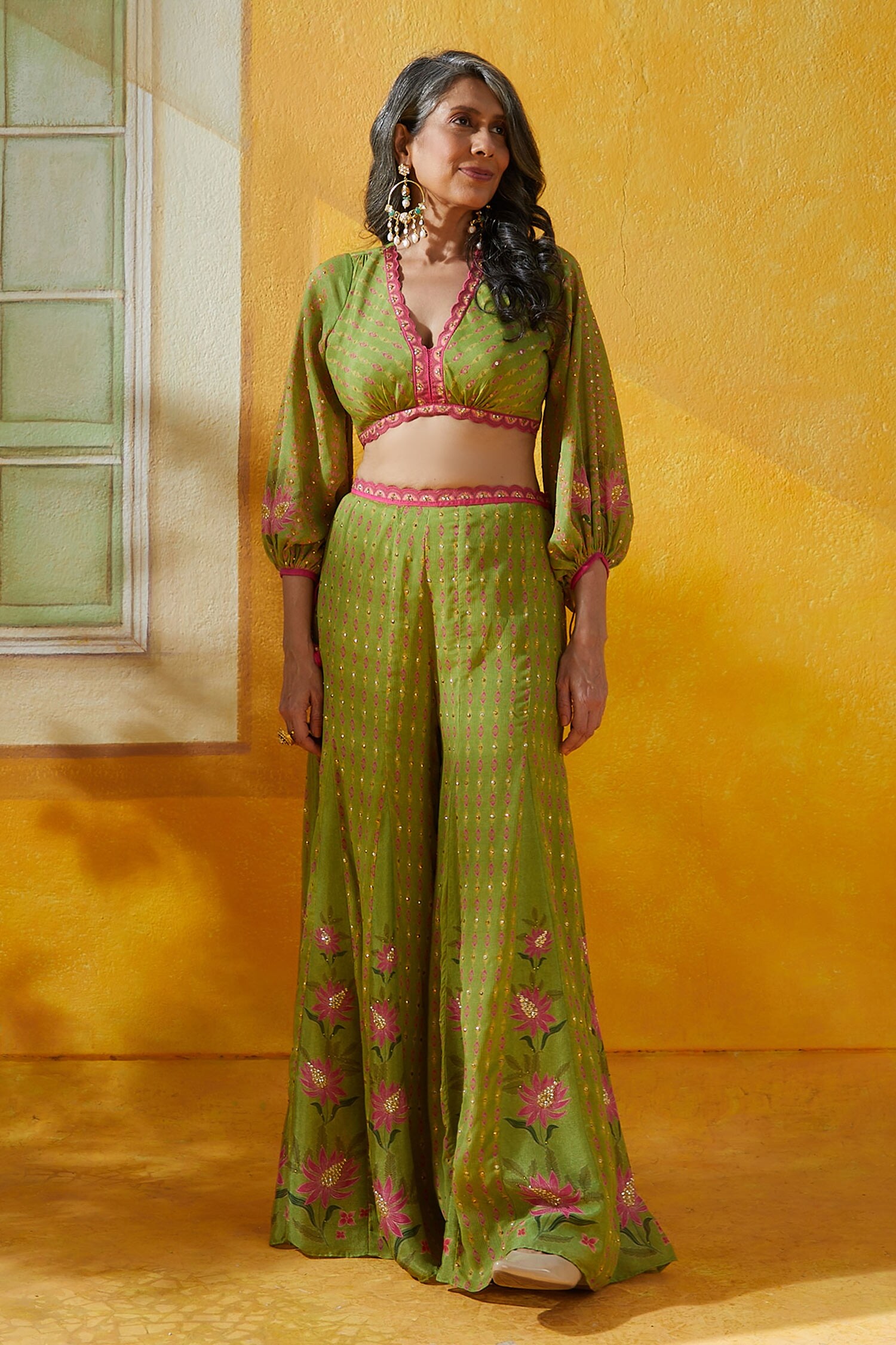 Buy Basil Leaf Green Chiffon Printed Balloon Sleeve Top And Pant Set ...