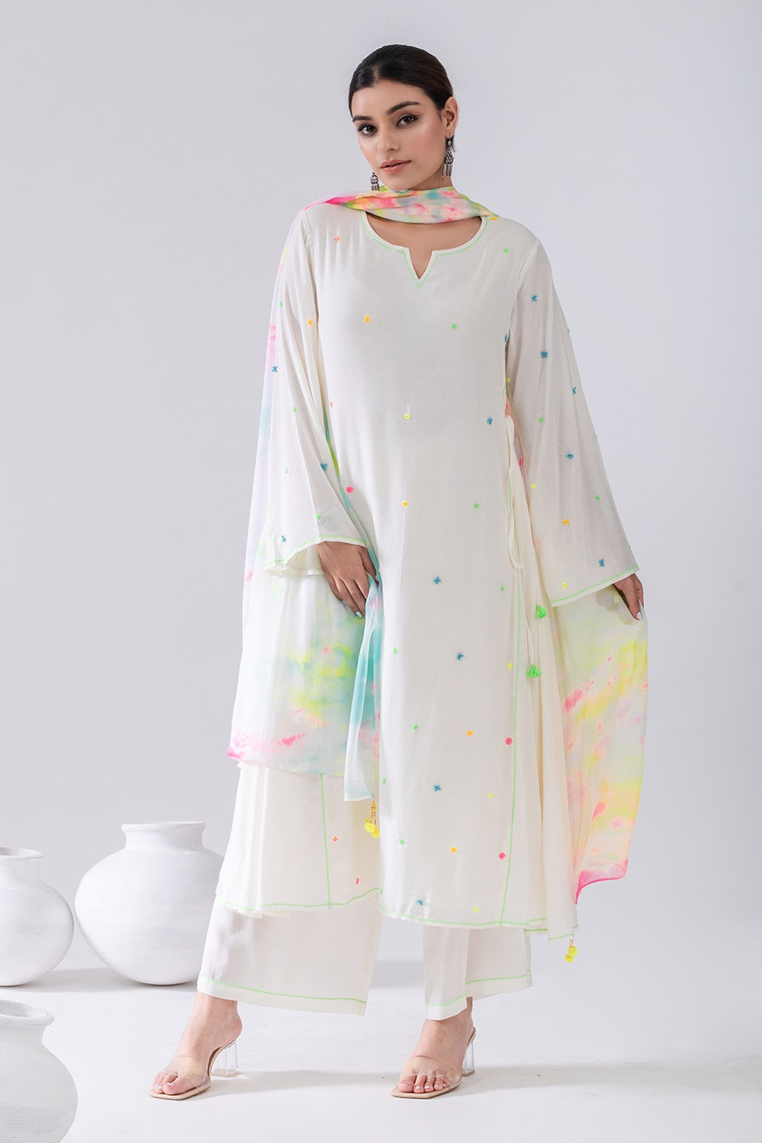 Buy Kacha Tanka Ivory Cotton Voile Thread Embroidered Anarkali And ...