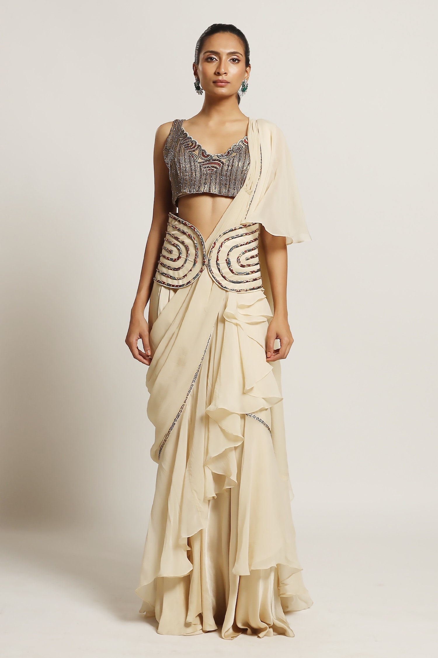 Buy Beige Organza Embroidery Cutdana Ruffle Pant Saree With Blouse For ...