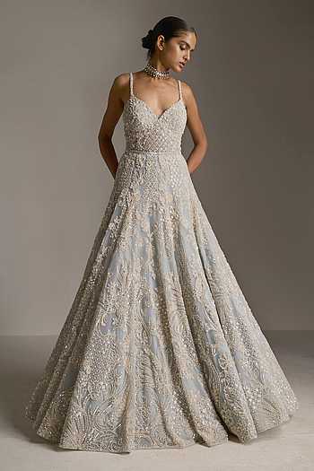 Buy Blue Net Embroidered Pearls Plunge V Neck Gown For Women by Seema ...
