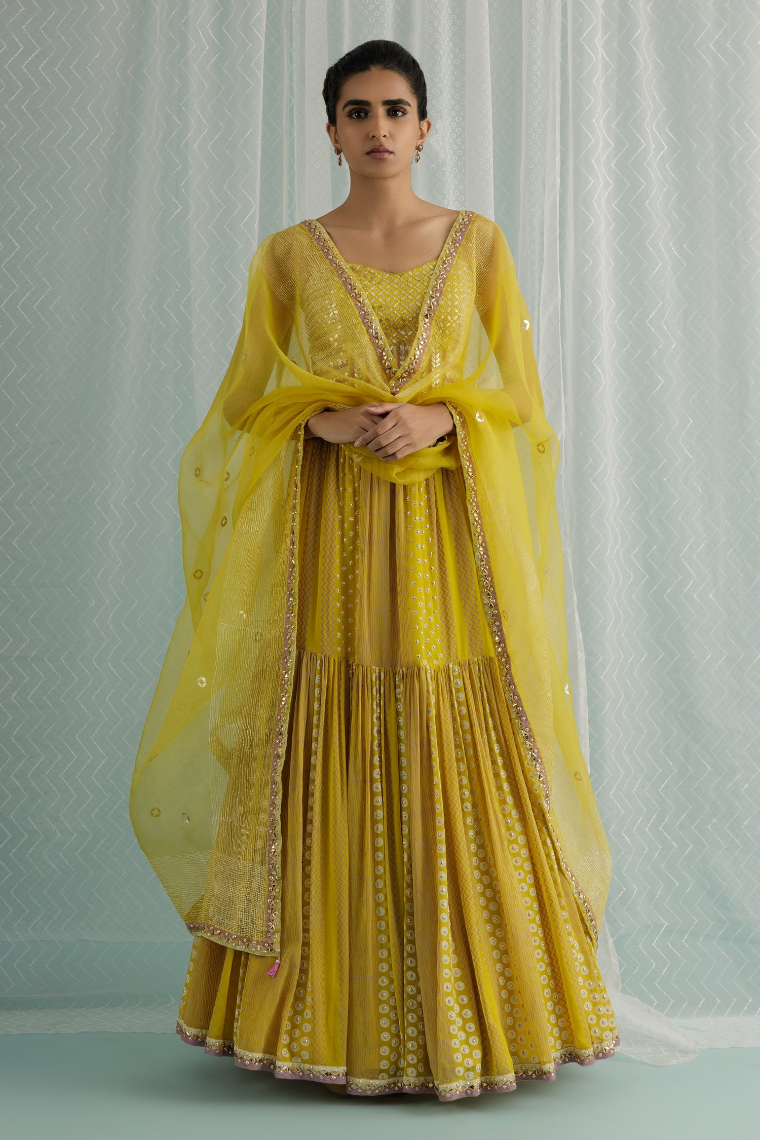 Buy Surbhi Gupta Yellow Demi Chevron Print Lehenga Set Online Aza