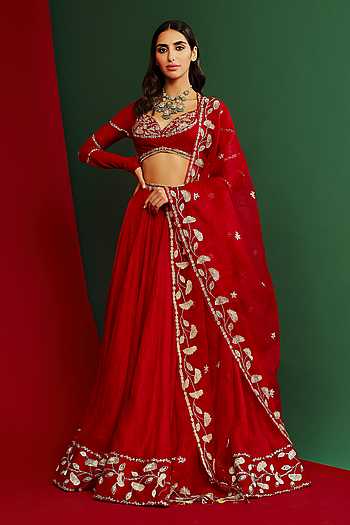 Buy Red Organza Embroidery Thread And Sequin Sweetheart Rena Lehenga ...