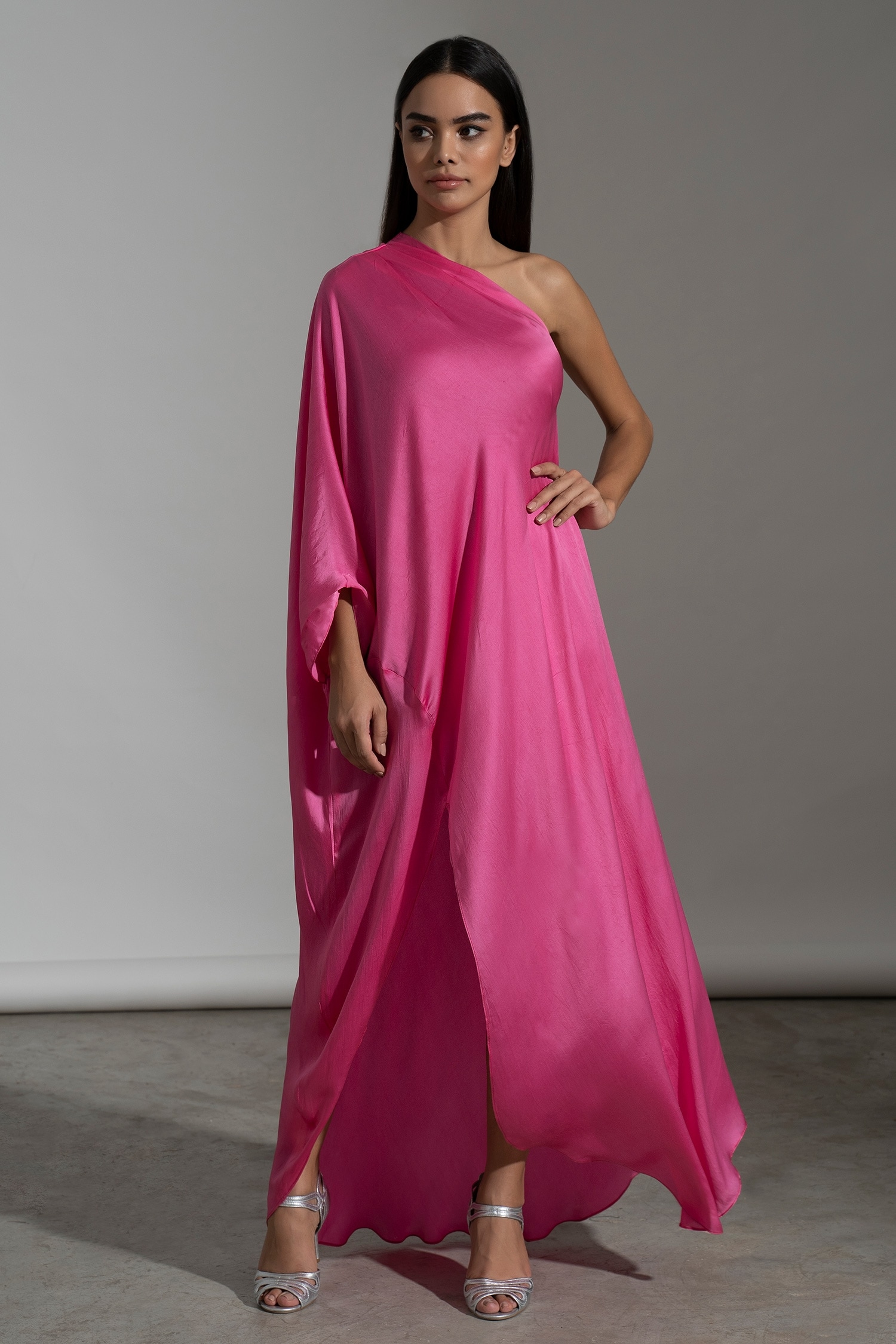 Buy Pink Shell 100% Viscose Satin Plain Paros Thigh Slit Gown For Women ...
