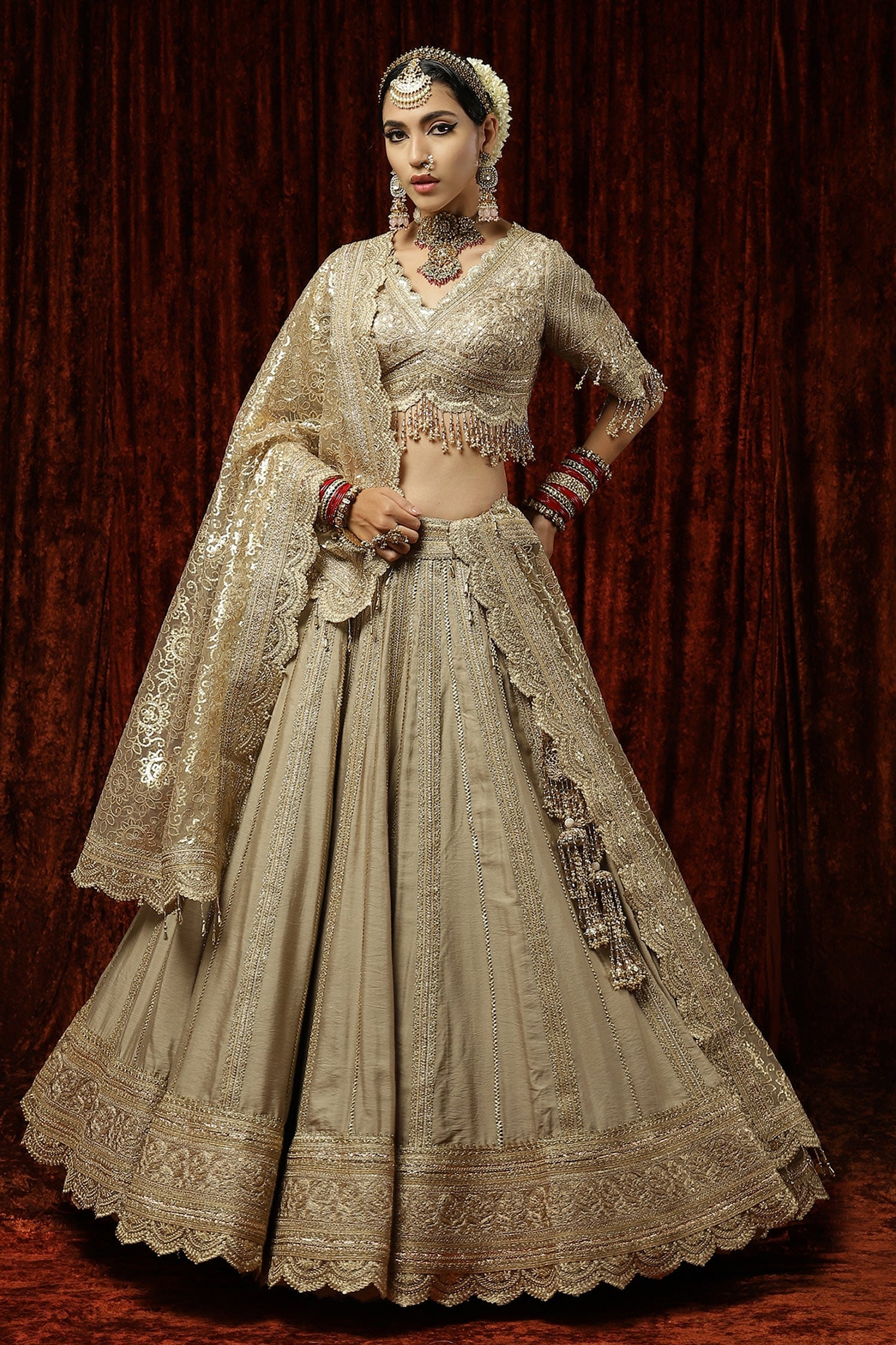 Buy Shikhar Sharma Gold Silk Chanderi Gota Embroidered Lehenga Set ...