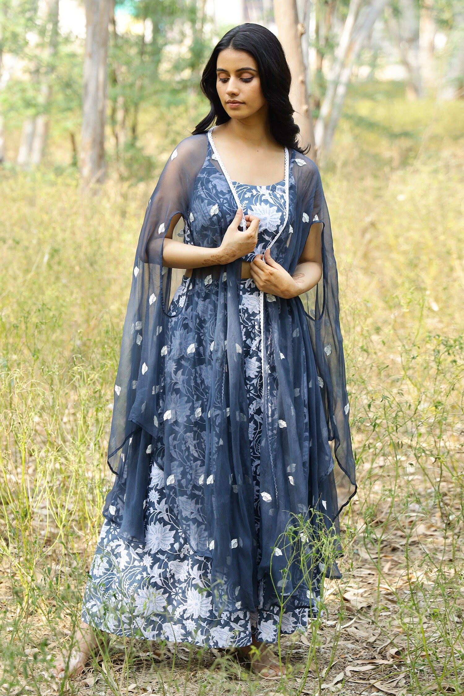 Buy Kapraaaha Blue Cotton Embroidered Cape With Palazzo Set Online ...