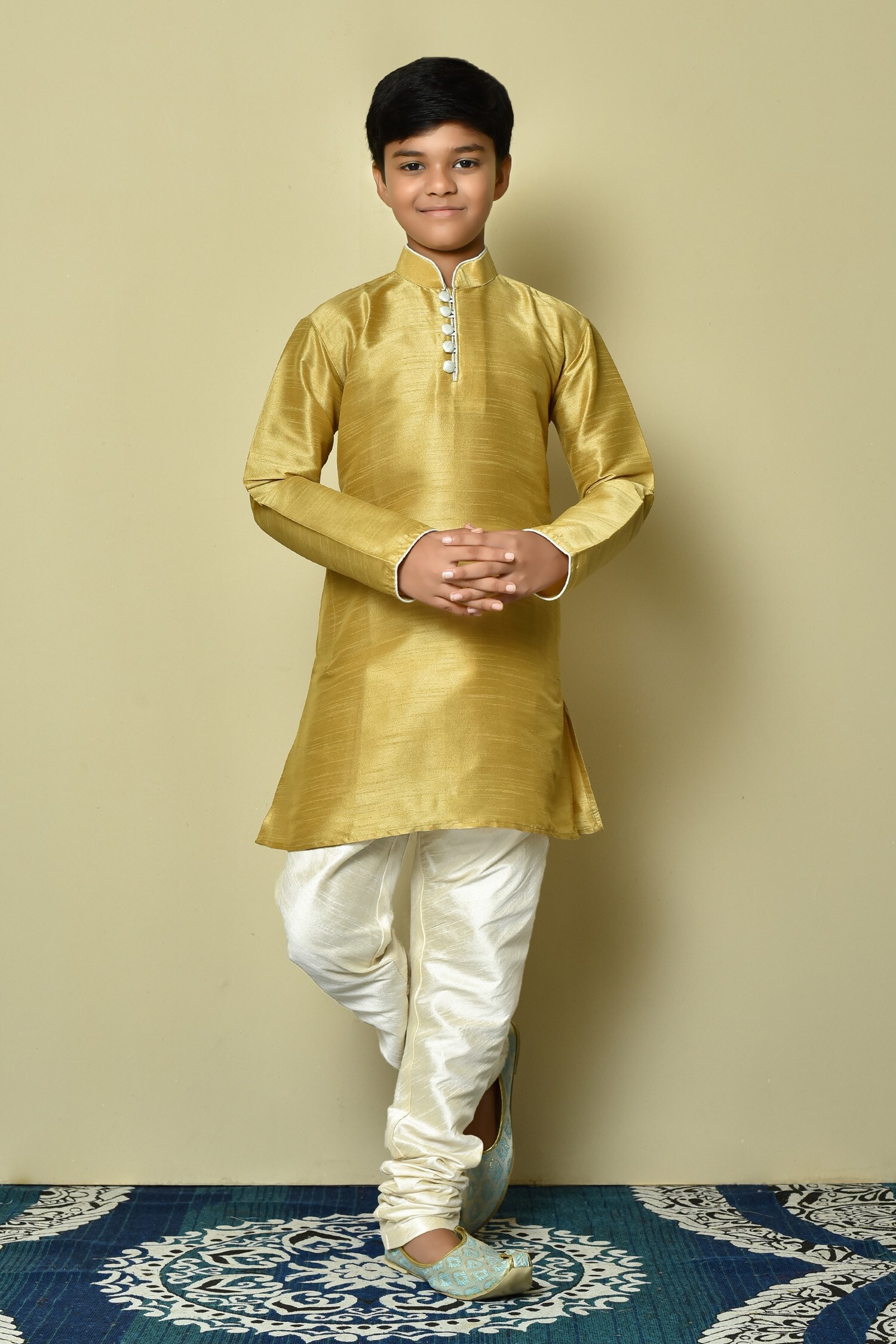 Buy Gold Dupion Art Silk Plain Full Sleeve Kurta For Boys by Samyukta ...