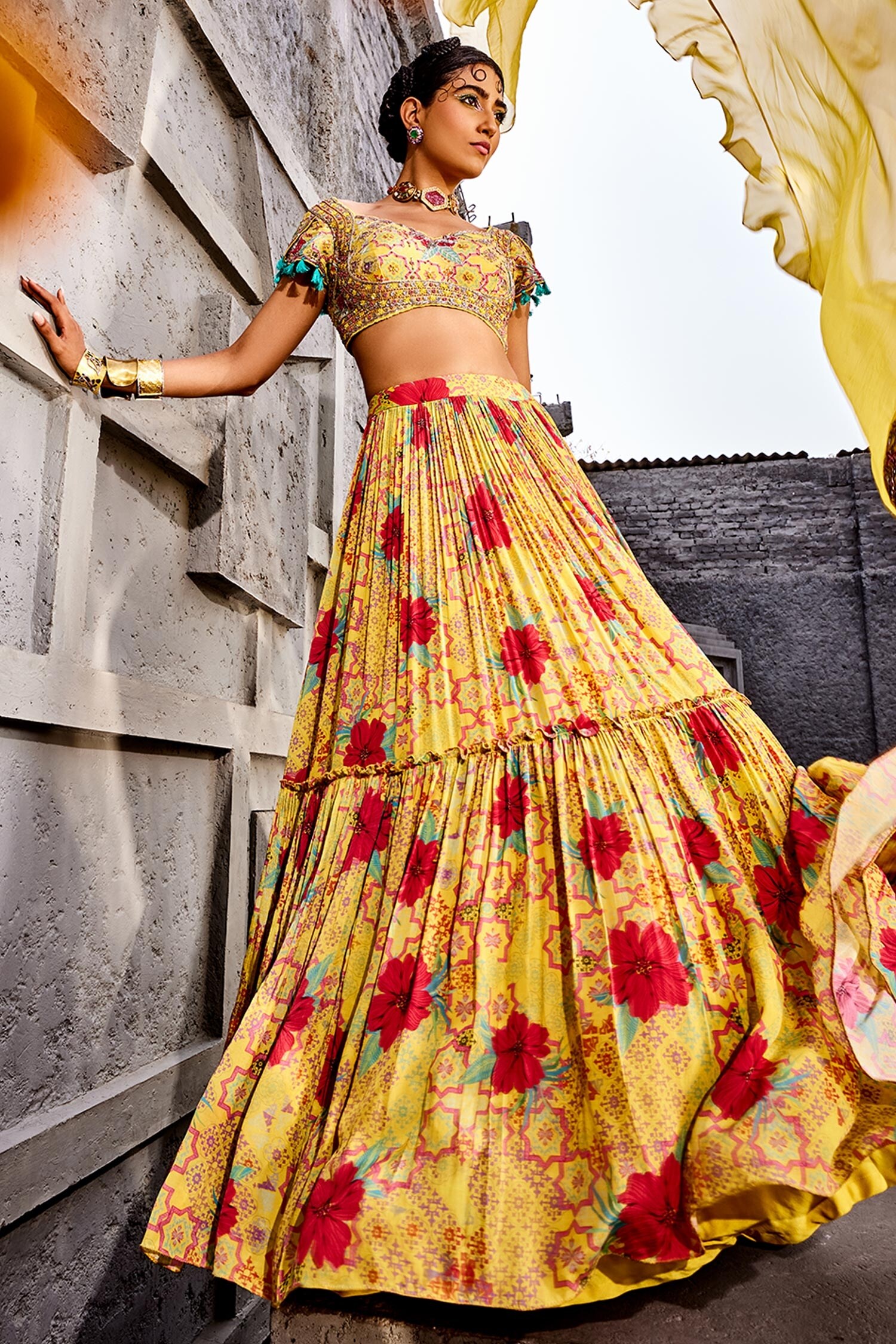 Buy Awigna Yellow Crepe Taamina Floral Print Lehenga Set Online | Aza Fashions