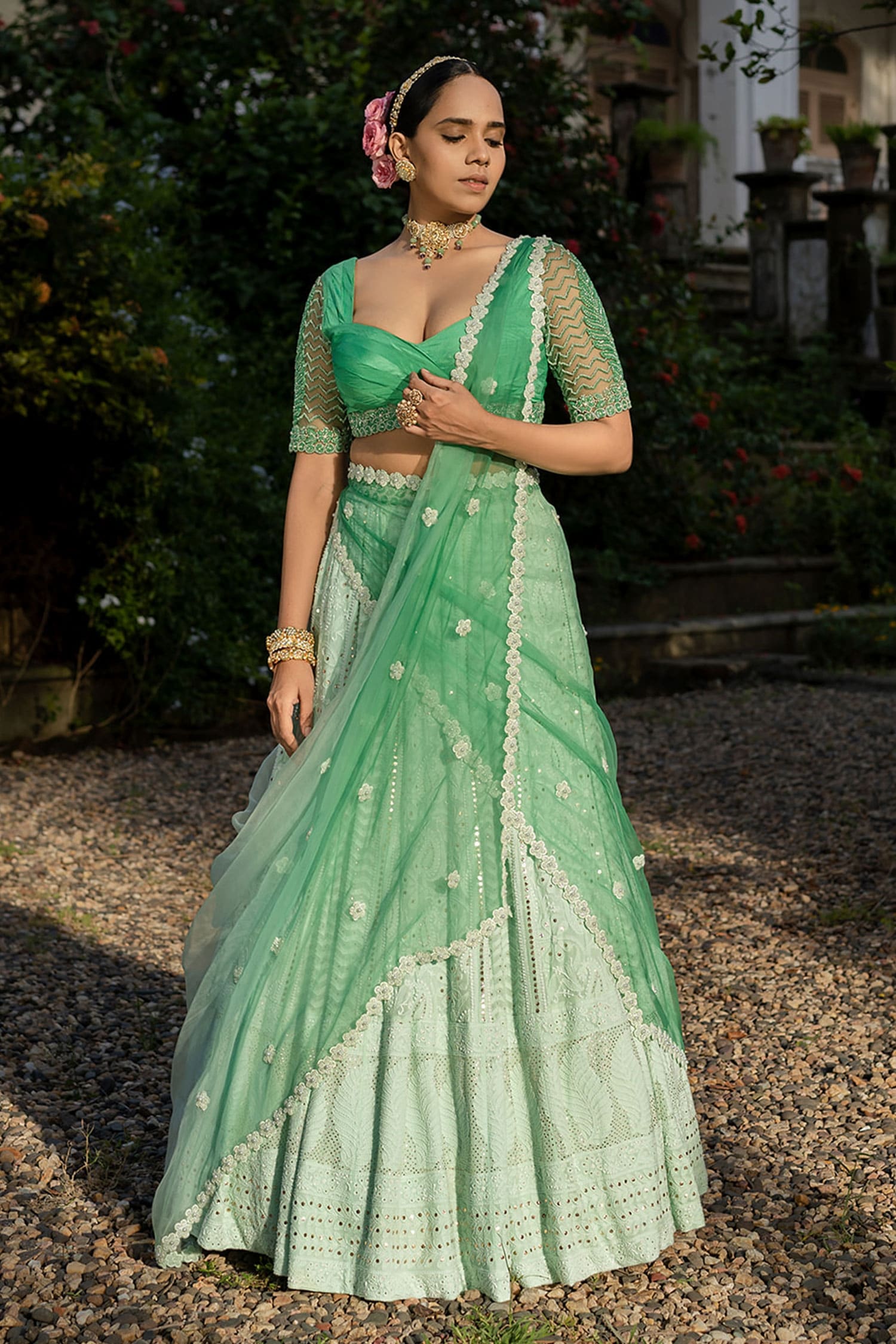 Buy Amrin khan Green Georgette Floral Embroidered Lehenga Set Online ...