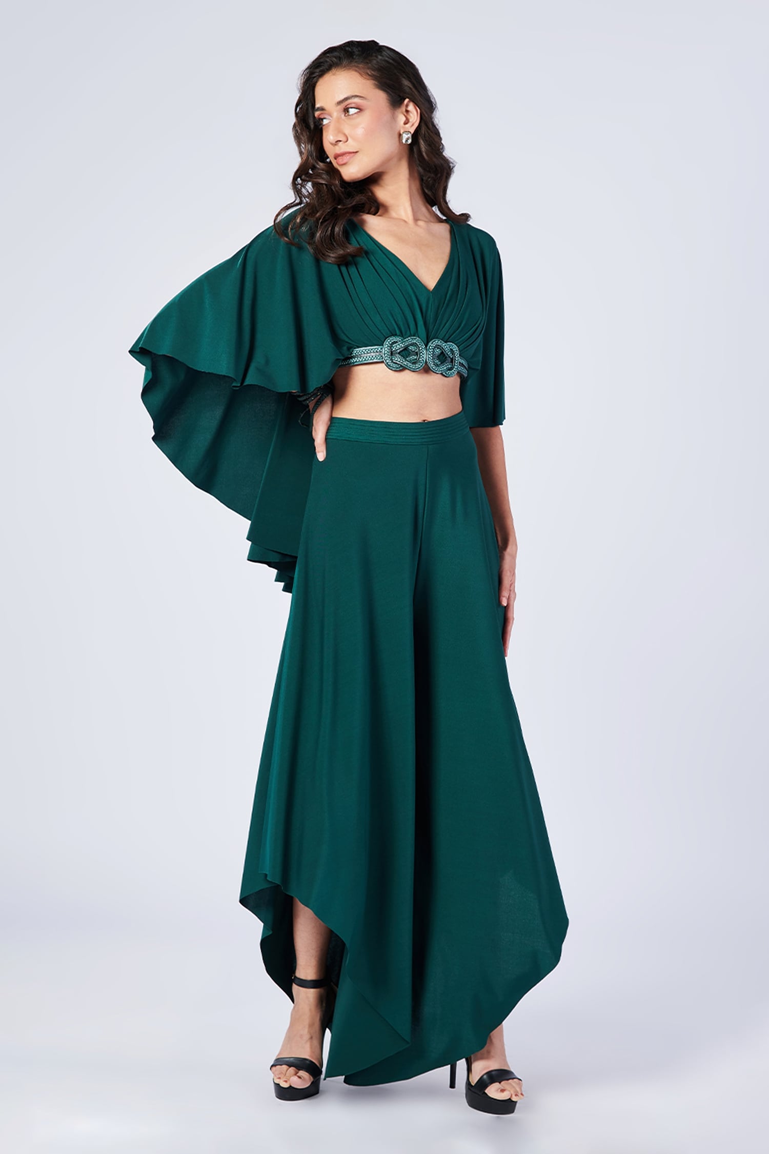 Buy Emerald Green Poly Jersey Embellished Faux Leather V Neck Draped ...