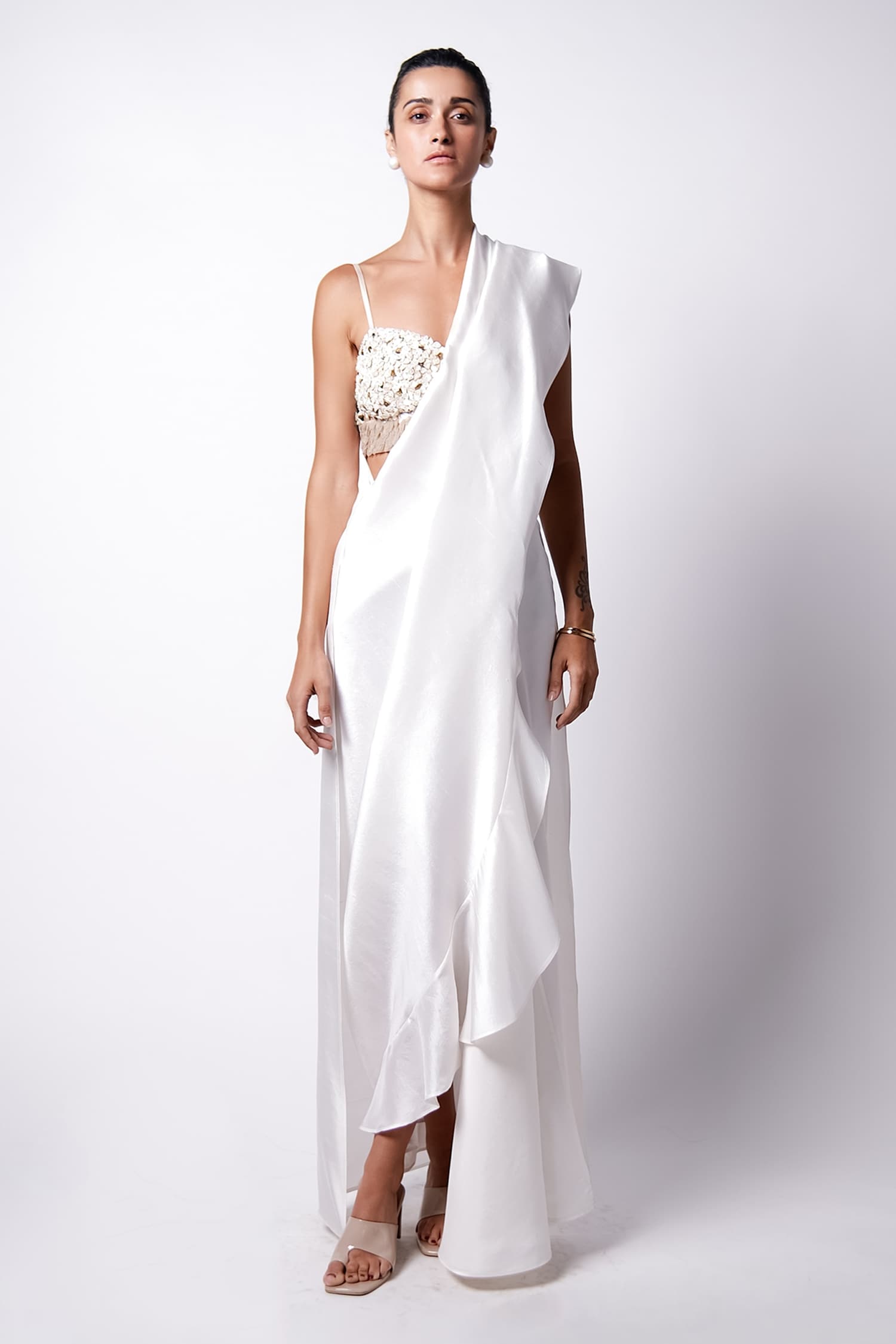 Buy 431-88 by Shweta Kapur White Silk Pre-draped Cape Saree With Iris ...