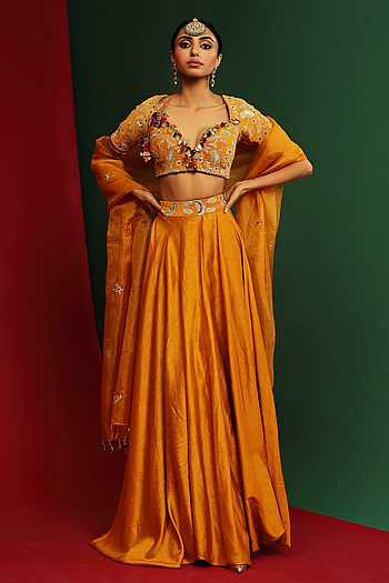 Buy Mahima Mahajan Yellow Raw Silk Adira Waistband Embroidered Lehenga ...