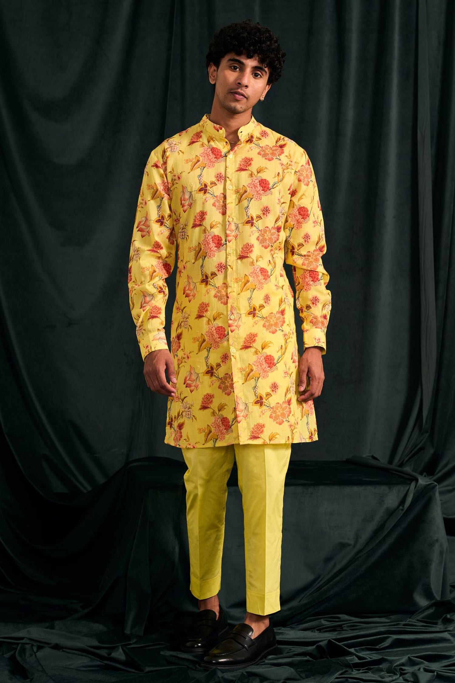 Buy Yellow Cotton Printed Floral Embroidered And Kurta Set For Men by ...