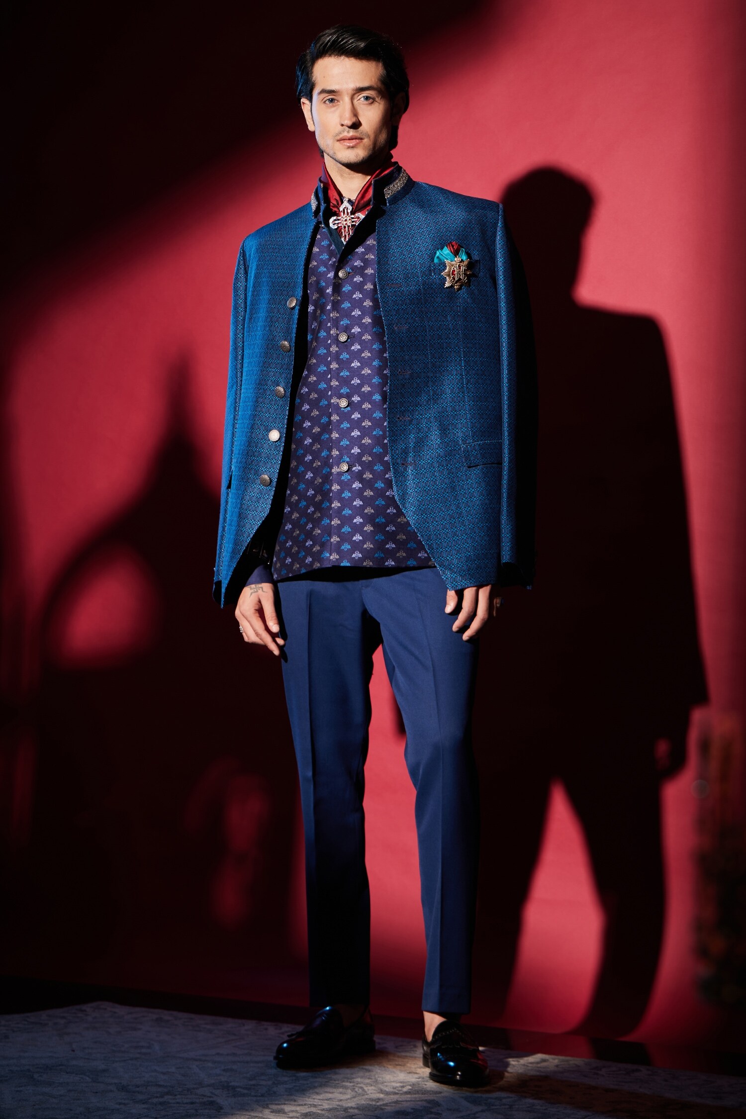 Buy Blue Flat Raw Silk Print Diametric Bandhgala Jacket For Men by ...