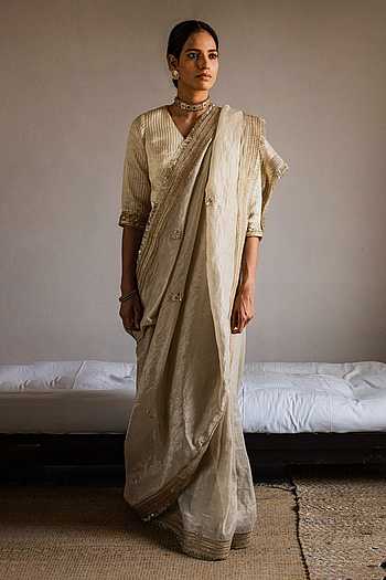 Buy Ivory Handloom Tissue Hand Embroidered And Embellished Pearl Zari ...